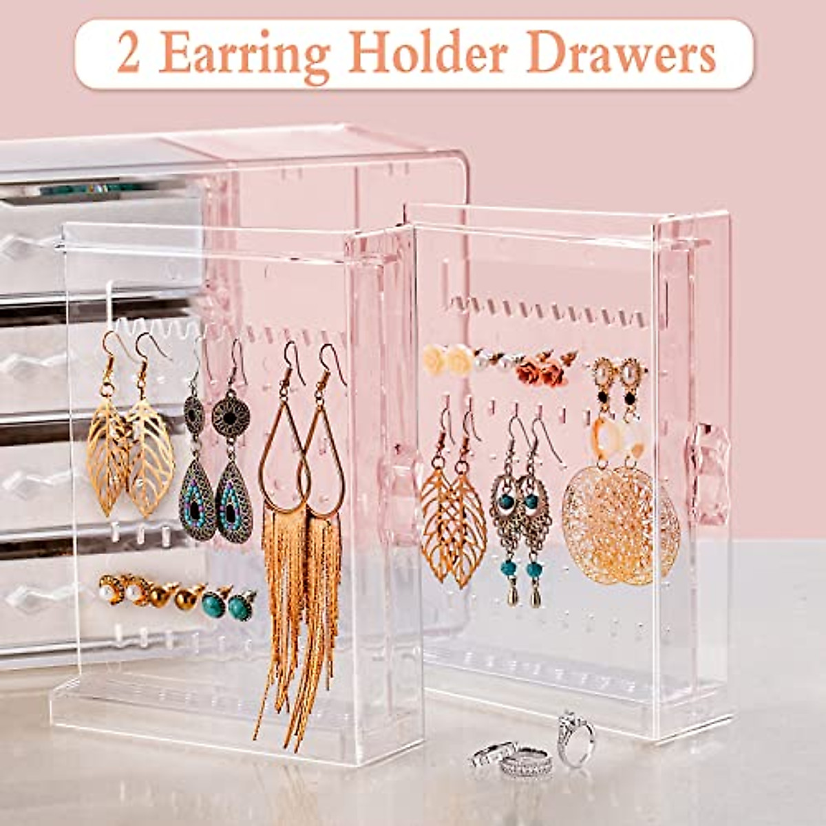 Acrylic Jewelry Organizer Box, Clear Earring Holder Jewelry Hanging Boxes with 4 Velvet Drawers for Earrings Ring Necklace Bracelet Display Case Gift for Women, Girls