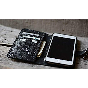 Handmade Genuine Leather Wallet Case For Iphone 14 Pro Max 13 mini Case Leather Case For Iphone 14 plus 14 pro 13 12 11 With Wristlet BLACK Pattern