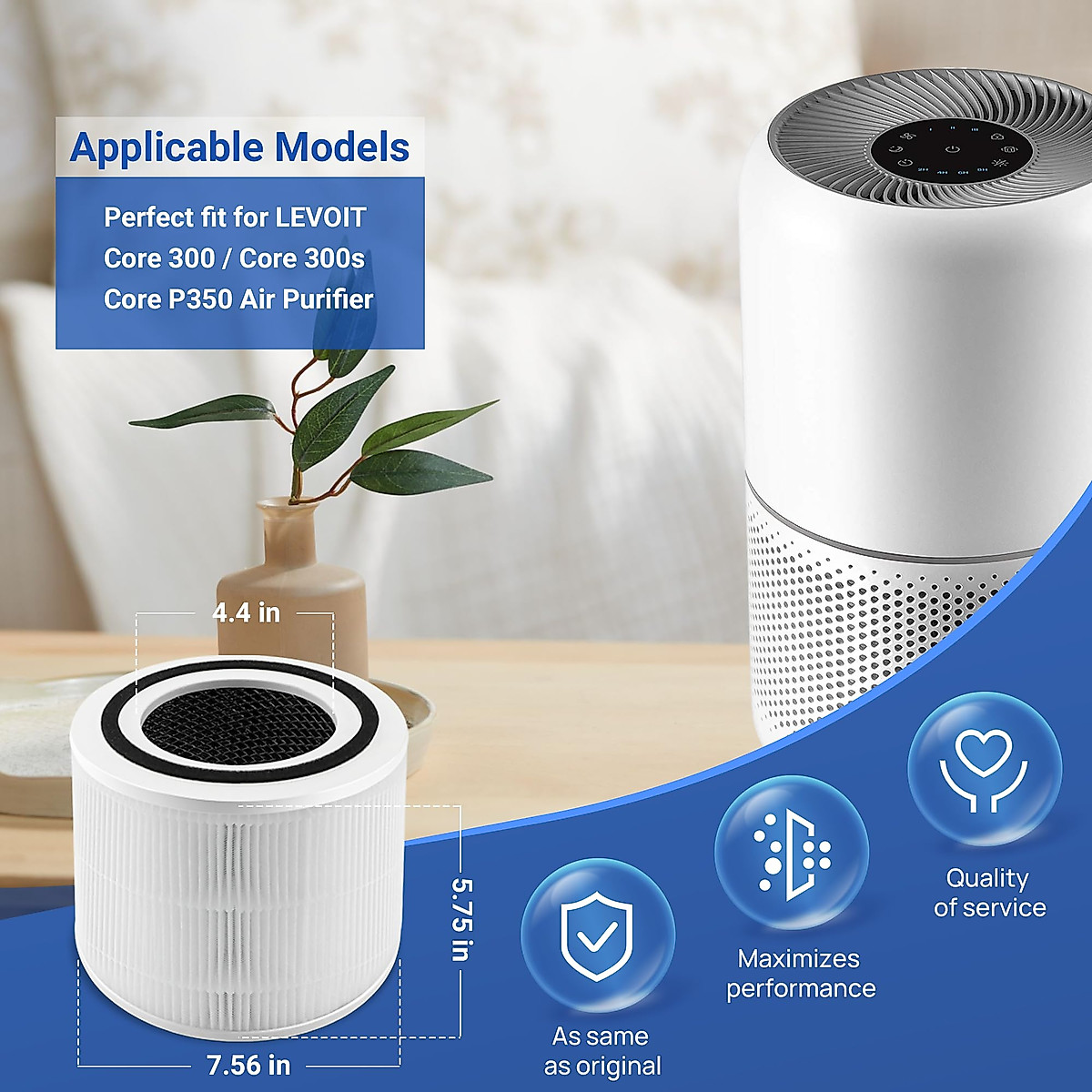 Core 300 Replacement Filter for LEVOIT Core 300 and Core 300S Air Purifier, 2 Pack 3-in-1 H13 True HEPA Filter Replacement, Core 300-RF, White