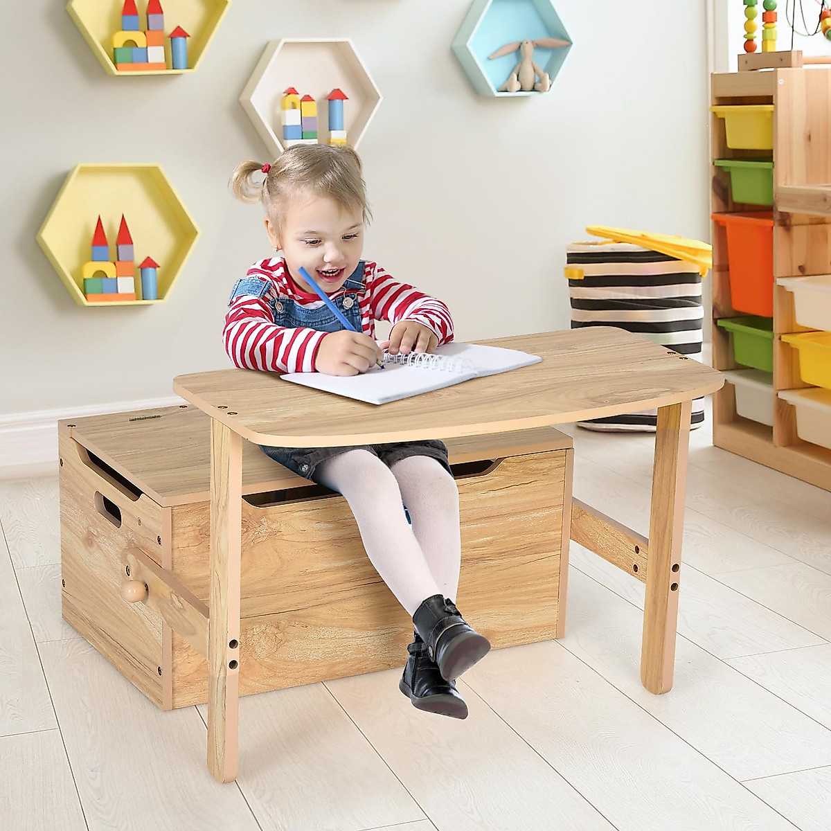 Costzon Kids Table and Chair Set, Convertible Toy Storage Bench with Built-in Handle for Kindergarten, Preschool, Kids Room, Playroom, Wood Reading Nook for Toddler Boys Girls Ages 3 to 7 (Natural)