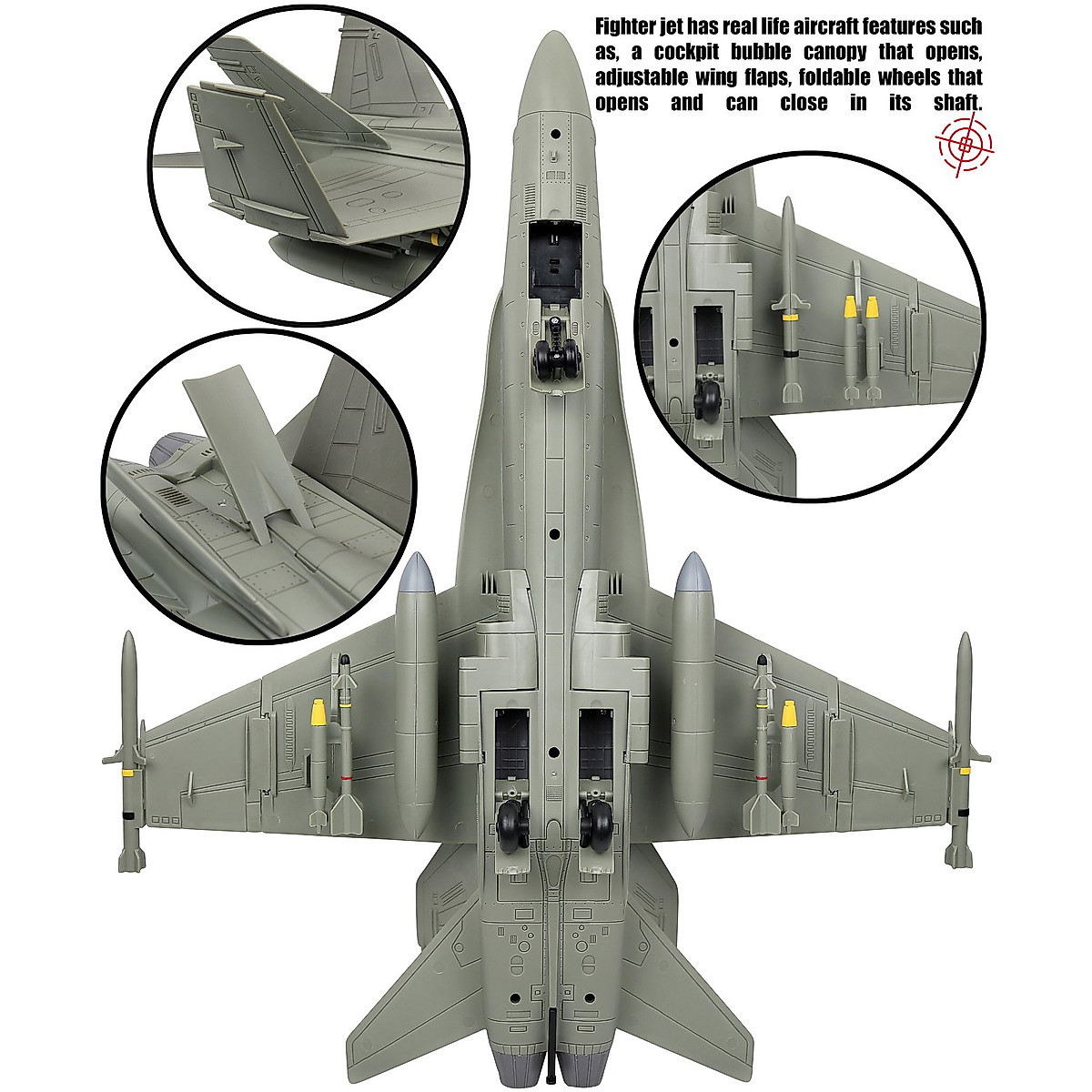 Click N’ Play Military Air Force F/A 18 Super Hornet Fighter Jet, 16 Piece Play Set with Accessories - Army Action Figures, Missiles, and More, Toy for Boys 6+,Grey