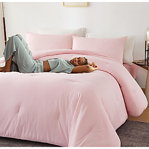 MorroMorn Pink Comforter Set Twin, 4 PCS Bed in a Bag for All Season, Pink Bed Set Cloud Comforters, Fitted Sheets, Pillowcases, Soft for Girls Kids Teen Preppy Dorm (Pink, Twin/Twin XL)