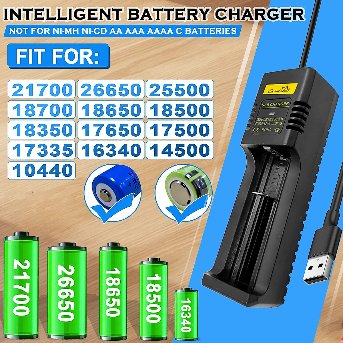 Swanlake 18650 Battery Charger,Single-Slot Intelligent Battery Charger for 3.7V Li-ion 18650,26650,21700,18500,18350,16650 Rechargeable Battery (not Including Battery