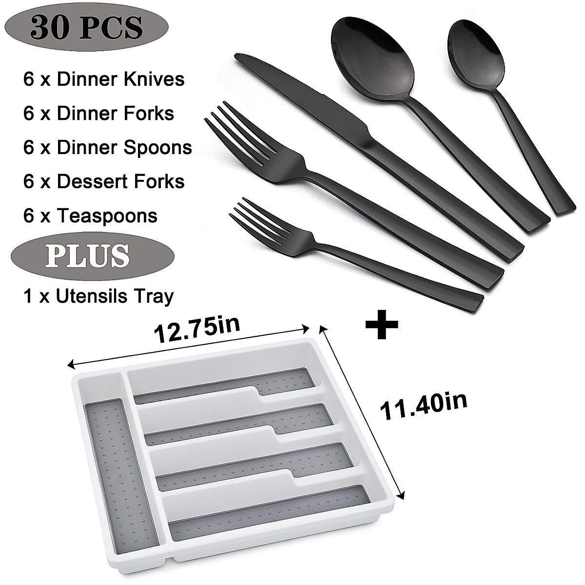 LIANYU 30-Piece Black Silverware Set with Tray, Stainless Steel Square Flatware Cutlery Set for 6, Black Eating Utensils for Home Restaurant, Dishwasher Safe, Mirror Finished