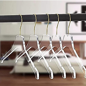 Quality Acrylic Clear Hangers, 5 Pack Clear Lucite Acrylic for a Luxurious Look and Feel with Swivel Hook, Suit Coat Shirt Dress Hangers (Clear - Matte Gold Hook, 5)
