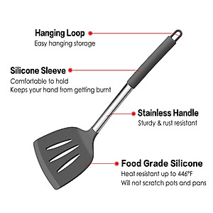 LIANYU 15-Piece Cooking Kitchen Utensils Set with Holder, Silicone Kitchen Tools Stainless Steel Handle, Slotted Spatula Spoon Turner Tong Whisk Brush for Cooking, Gray