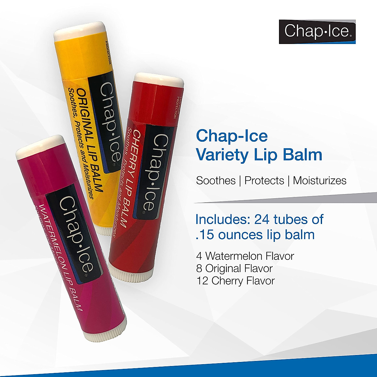 Chap-Ice Assorted Lip Balm – Watermelon, Original & Cherry Flavors – 24-Count Refill Pack