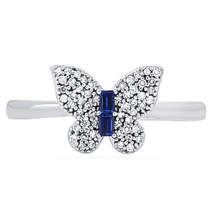 Dazzlingrock Collection Emerald Lab Created Blue Sapphire & Round Natural White Diamond Clustered Charming Butterfly Ring for Her | 925 Sterling Silver, Size 8.5