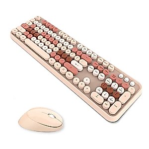 Wireless Keyboard and Mouse Combo, Ergonomic Full Size Typewriter Retro Round Keycaps Keyboard, Compatible with Windows, PC, Perfer for Home and Office Keyboards (Chocolate Color)