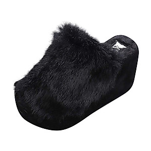 Padaleks Women's Wedge Platform Slide on Sandals Peep Toe Faux Fur Suede Winter Slippers Indoor & Outdoor Shoes