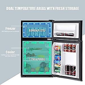 KOTEK Mini Fridge with Freezer, 3.2 Cu.Ft Compact Refrigerator with Reversible 2 Doors, 7 Level Adjustable Thermostat & Removable Shelves, Small Refrigerator for Bedroom/Office/Dorm/Apartment (Black)