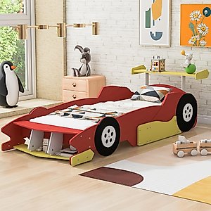 Linique Twin Size Race Car-Shaped Platform Bed with Wheels and Storage, Wood Twin Bed Frame No Box Spring Required, Red
