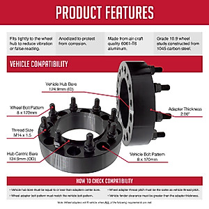 Wheel Accessories Parts 2 Pcs Hub Centric Wheel Spacers 8 on 170mm 2" Thick M14 x 1.5 Thread Stud 124.9mm Hub Fits 2003+ Ford F250 F350 Super Duty Single Rear Wheel | 03-05 Dually Rear Wheel Front