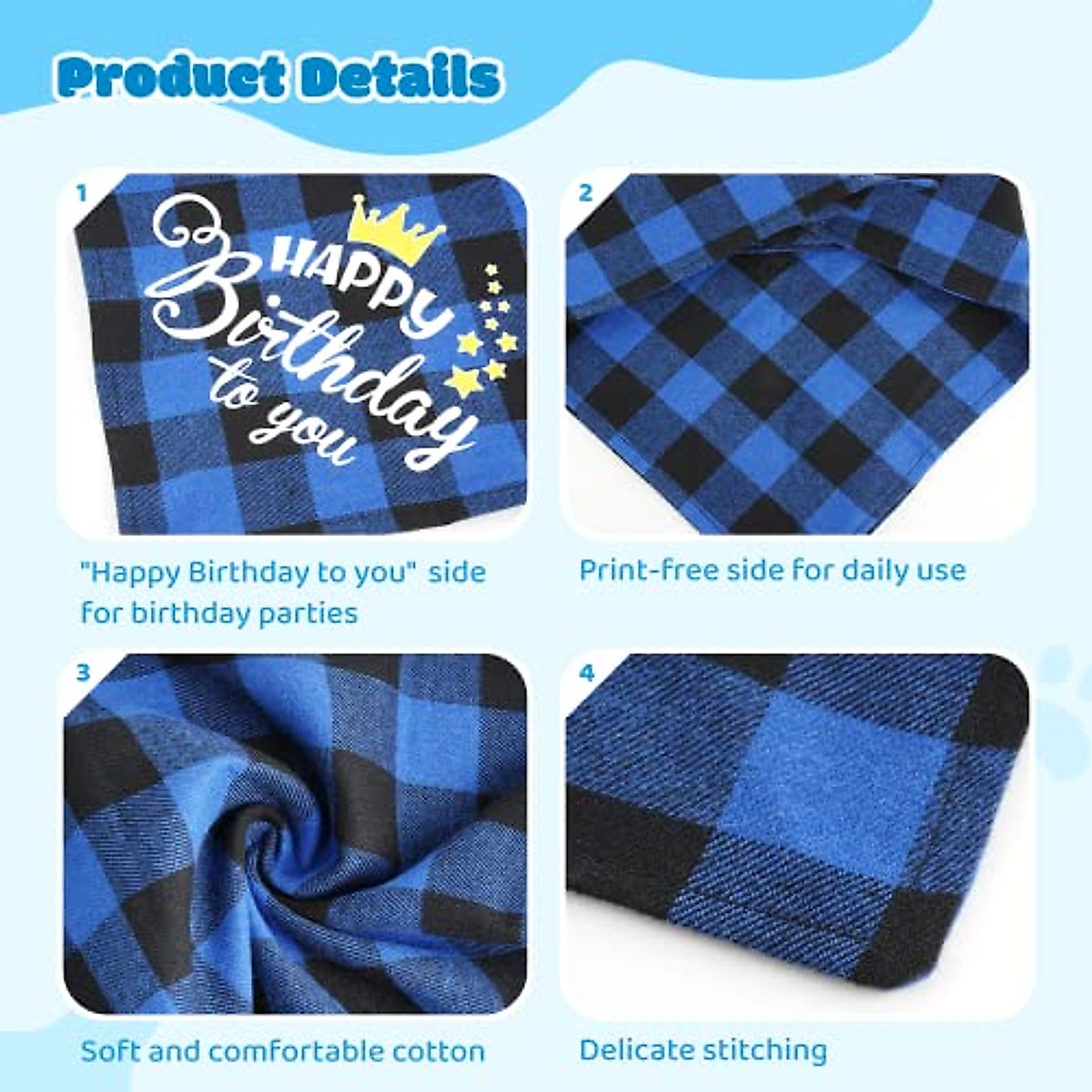Dog Birthday Costume Set, Boy Dog Birthday Crown Hat Plaid Bandana with Bowtie and Numbers 0-9, Dog Triangle Birthday Scarf Outfit Set for Small, Medium, Large Dogs, Blue