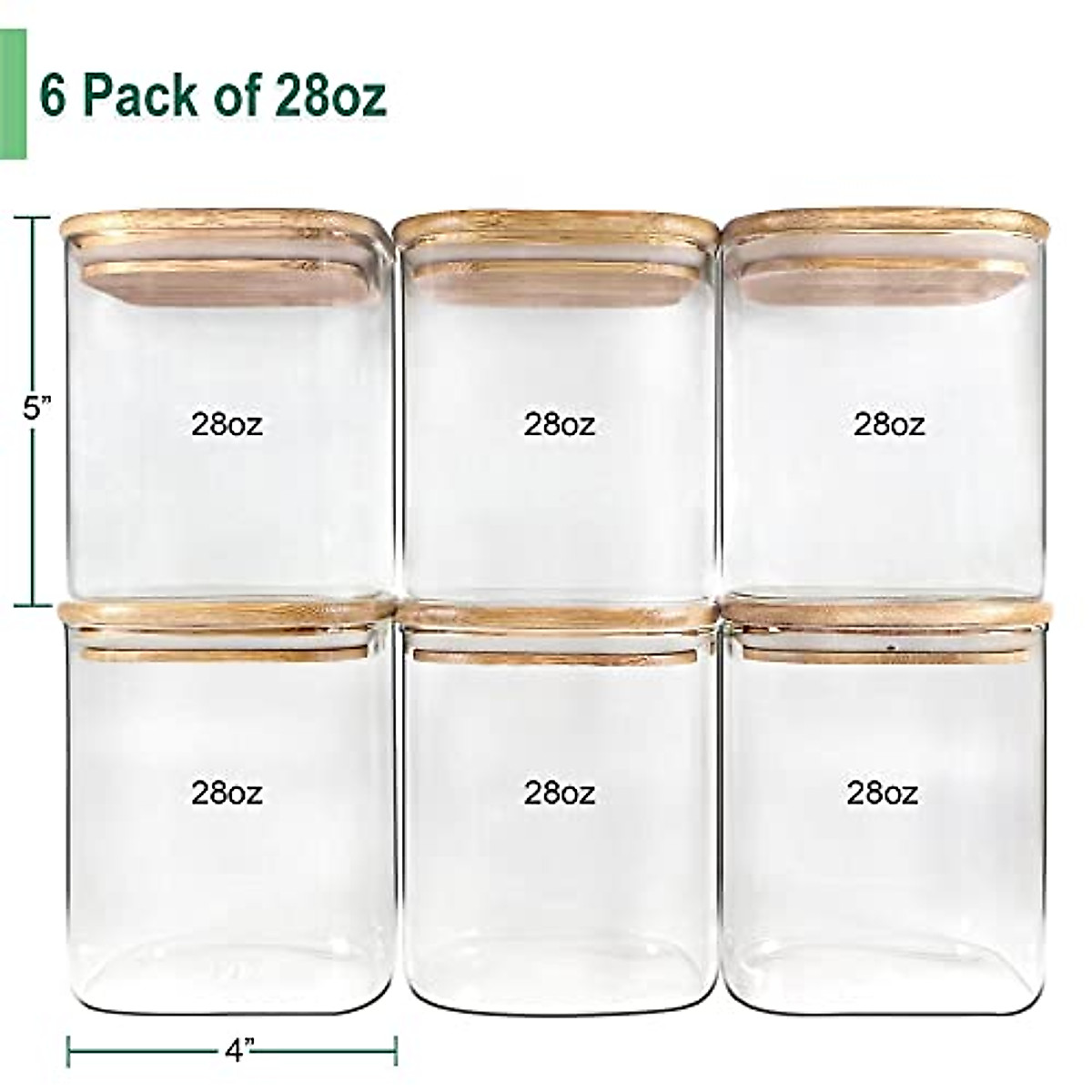 Glass Jars with Bamboo Lids, Square Glass Jar with airtight lids of 6 pack of 28oz, Square glass storage jars with airtight lids, Glass Food Storage Containers with airtight lids, Glass Panty Jars