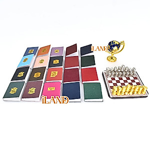 iLAND Miniature Dollhouse Accessories for Dollhouse Furniture, Mini Book Globe Chess Set for Dollhouse Study Room (Classic 22pcs)