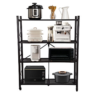 Foldable Shelves 4 Tier Heavy Duty Metal Storage Shelves with Wheels - No Assembly Collapsible Shelving Unit for Kitchen Garage Hold up to 1000 lbs