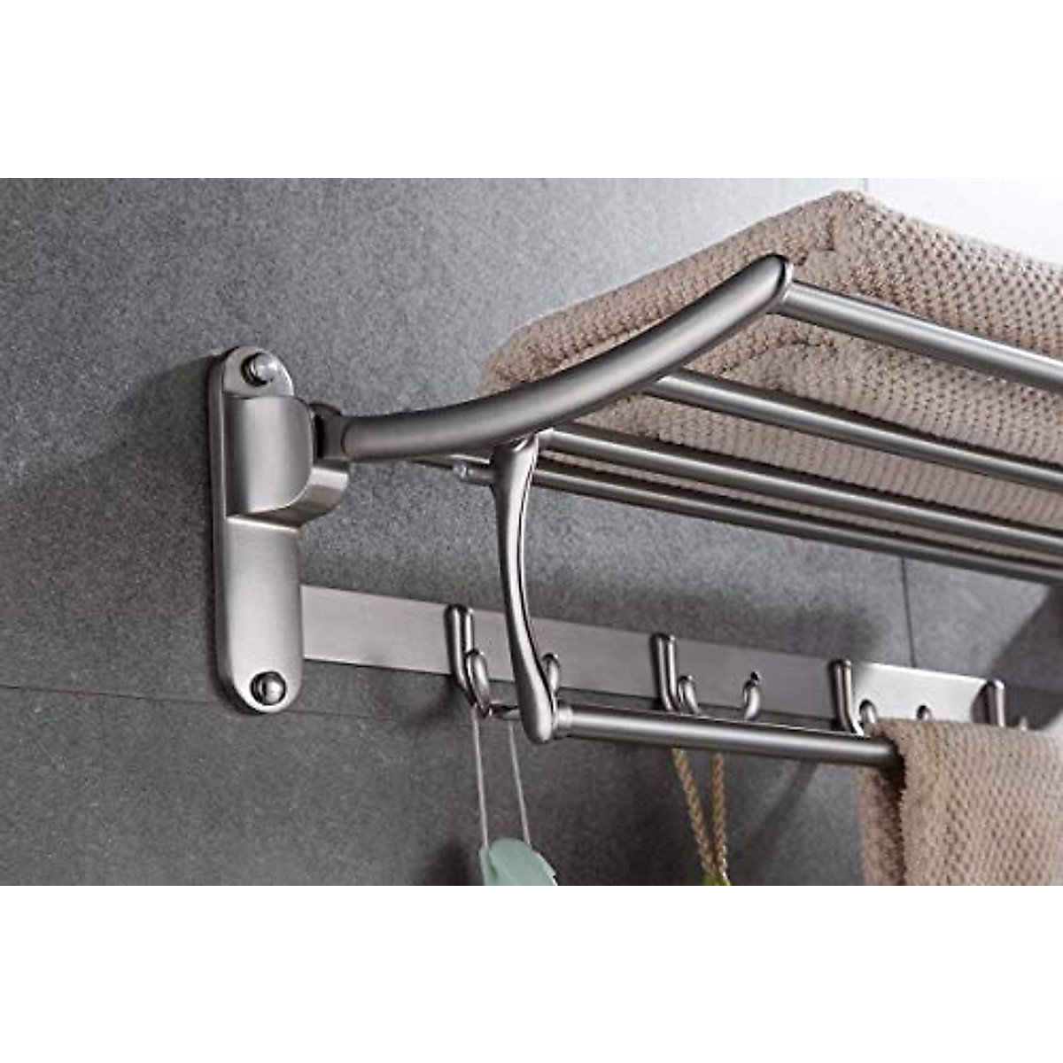 ELLO&ALLO Towel Racks for Bathroom Shelf with Foldable Towel Bar Holder and Hooks Wall Mounted Multifunctional Racks, Brushed Nickel