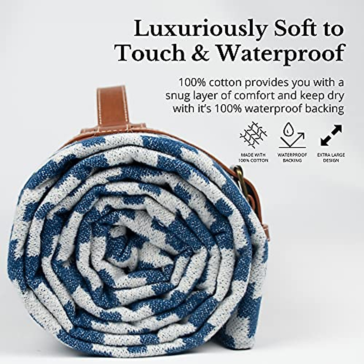 Komorebi Large Outdoor Waterproof Picnic Blanket (78"x59") 100% Cotton | Leather Carrier | Soft Diamond Jacquard Picnic Mat for up to 4 Adults (Blue/White)