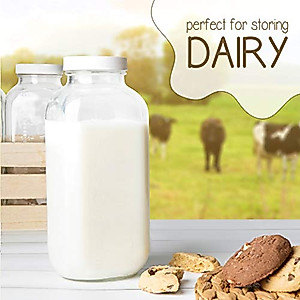 kitchentoolz 32oz Square Glass Milk Bottle with Plastic Airtight Lids, Reusable Dairy Drinking Containers for Refrigerator with Measurement Marks, Yogurt, Smoothies, Kombucha, Water- 4 Pack