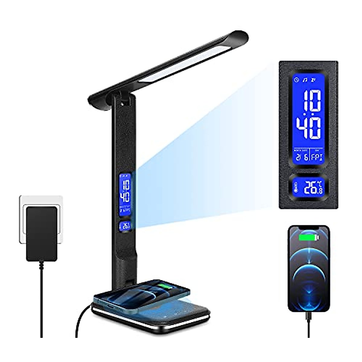 LED Desk Lamp with Wireless Charger, Foldable Touch Console Light, Date,Calendar,Temperature,Clock Display Function, 5-Level Dimmable Lighting, Suitable for Home Office, Reading, Work,study (Black)