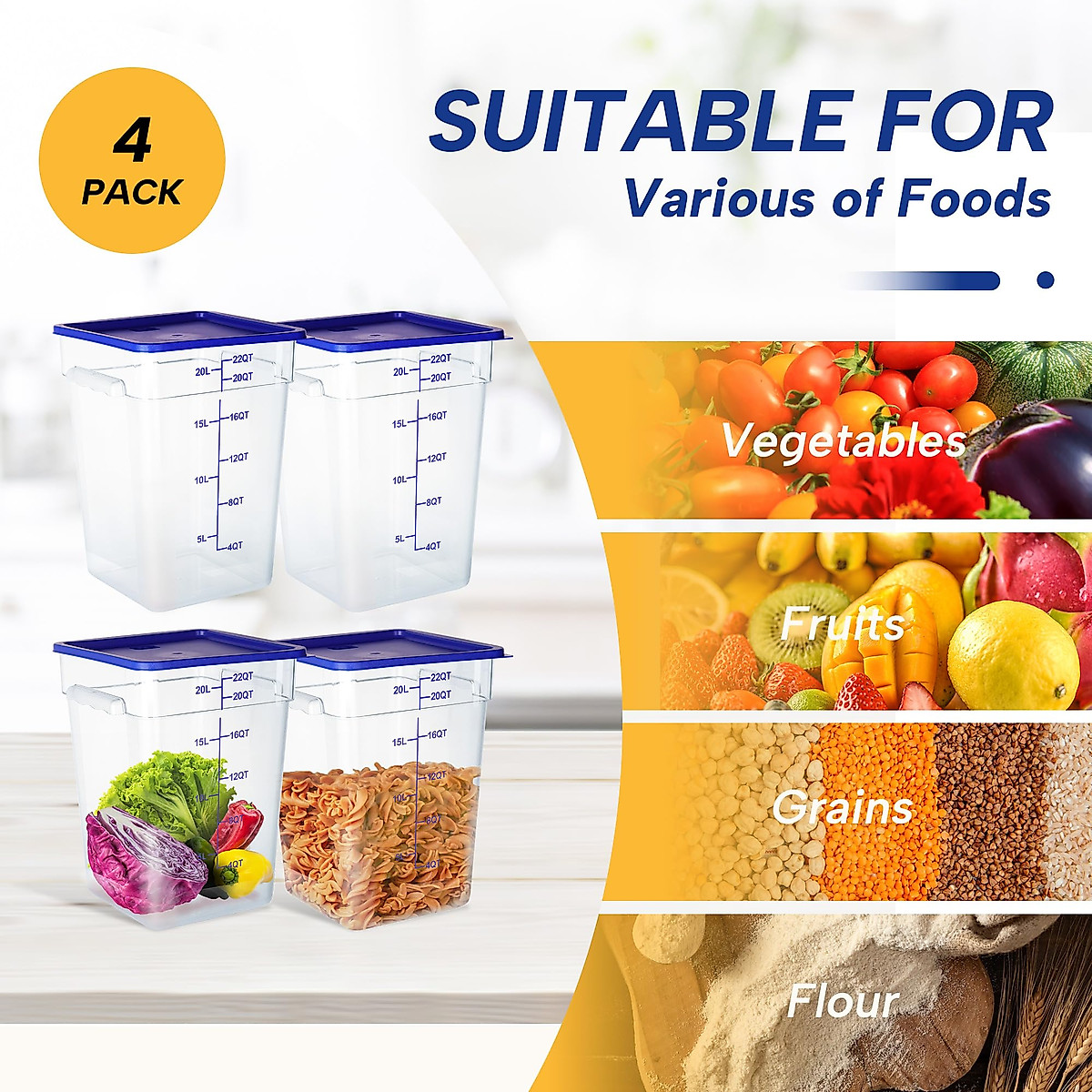 STEELUS 4 Pack Food Storage Containers, 22 Quart with Lids, Square Commercial Containers with Scale, Clear NSF Food Organizing, Polycarbonate