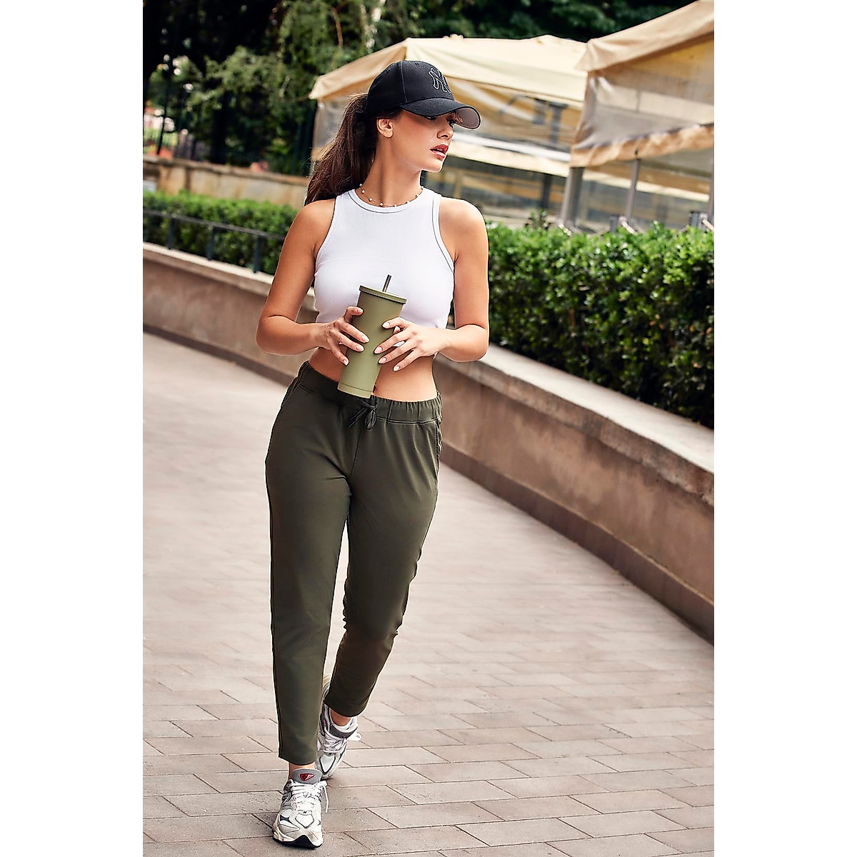 Yogipace Petite Women's 7/8 On The Fly Pants Drawstring Casual Lounge Joggers Travel Sweatpants,Black,24",Size XXL