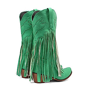 Comfortable Pull On Chunky Heel Pointed Toe Fringed Boots Western Knee High Boots Mid Boots Chunky High Heel Green