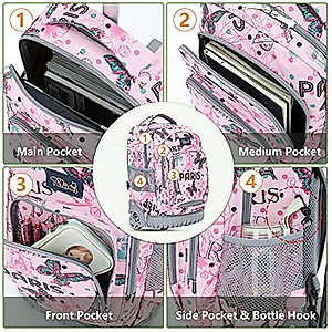 NEW TILAMI Rolling Backpack for Kids, Cute 18 Inches Boys Wheeled Laptop Backpack for Girls Travel School Student Trip Bag, Pink Paris