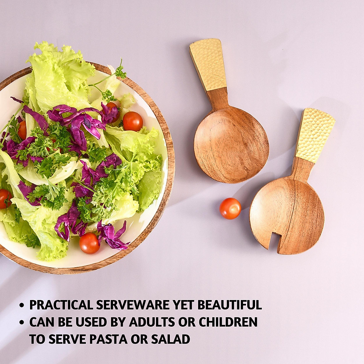 Folkulture Salad Hands or Salad Servers, Set of 2 Salad Claws for cooking, Kitchen Utensils or Serving Spoons, Wooden Salad Tongs 8 X 4 Inch Spoon and Fork Set (Acacia Wood with Hammered Brass)