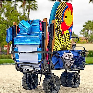Beach Wagon Folding with Large Sand Wheels Heavy Duty Collapsible Cart with Patent Pending Beach Chair Holder Great for Ocean, Camping and Fishing – Solid Blue Color