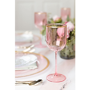 PARTY BARGAINS 5 Wine Goblets - Pink Gold Rim (12oz) - Disposable Shatterproof Elegant Design Plastic Wine Glasses with Stem - For Pool Parties, Outdoors Receptions, Weddings