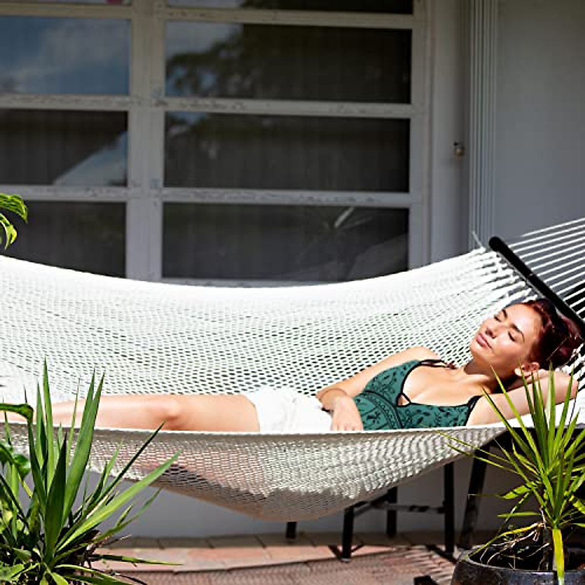 Bliss Hammocks BH-415 2-Person Weekender 12’ Long Deluxe, 4 mm Thick Handwoven Polyester Rope, Patio Yard Poolside Outdoor Hammock, 55-Inch Spreader Bar Supports up to 450 lbs, Natural