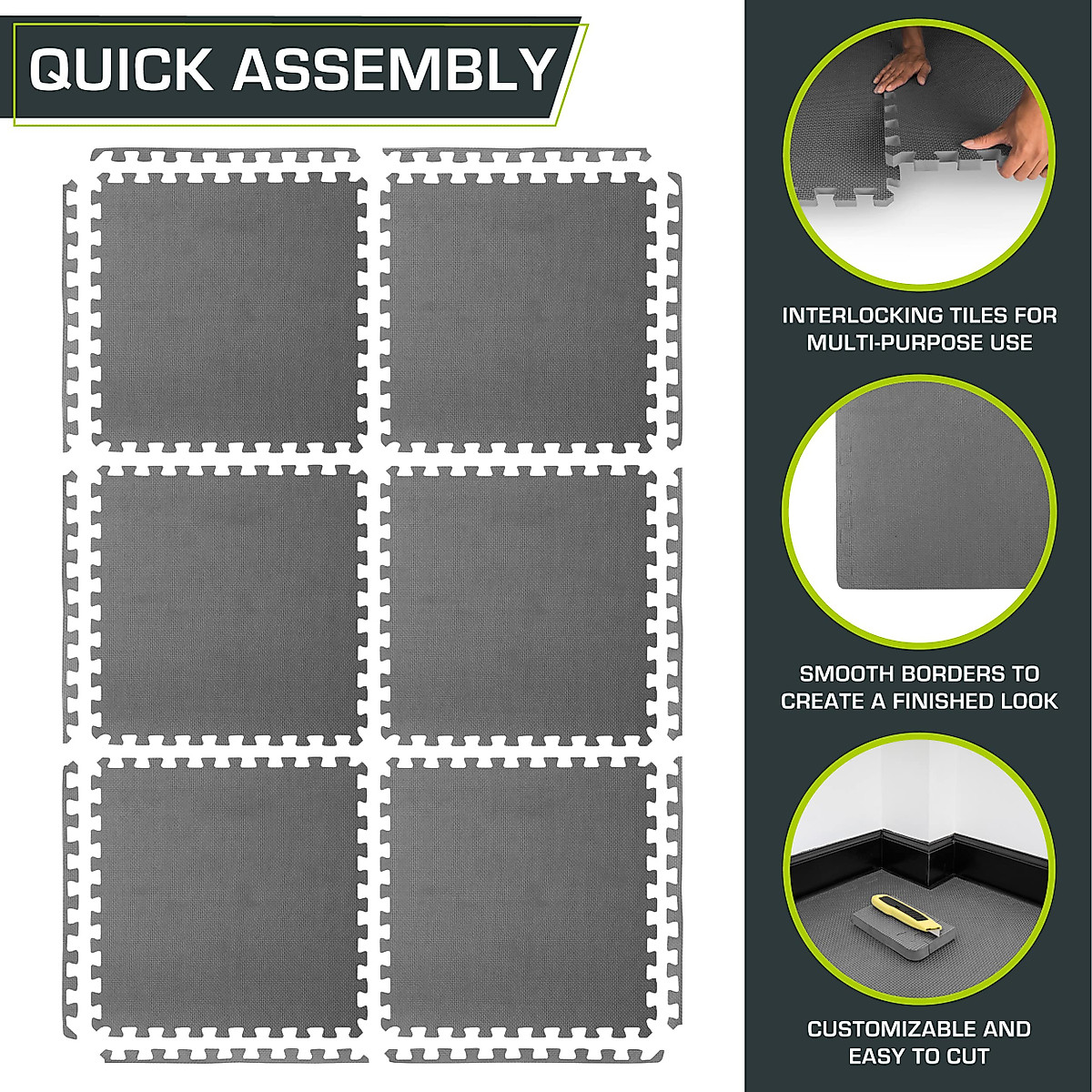 ProsourceFit Extra Thick Puzzle Exercise Mat , EVA Foam Interlocking Tiles for Protective, Cushioned Workout Flooring for Home and Gym Equipment, Grey - 3/4 inch - 24 Sq Ft - 6 Tiles