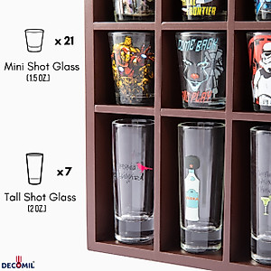 DECOMIL Shot Glass Display Case for Wall & Free Standing, Shot Glass Holder for Tall Shot Glasses/Shooter Display, for 28 Glass, Solid Wood, Shot Glass Display Rack Without Door