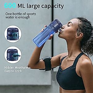 HandFan Bottle - 20 oz, 2 Lids (Straw Lids), Leak Proof - Fitness Water Bottles and Flasks with Cooling Handheld Fan for Men, Women and Children - Valentine's Day Gift for Men or Women - Blue