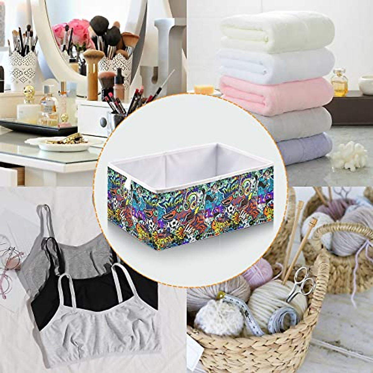 Abstract Grunge Graffiti Pattern Cartoon Storage Basket Bin Foldable Storage Box Hamper Dog Toy Bin for Pillows Nursery Home Closet Organizing Deco