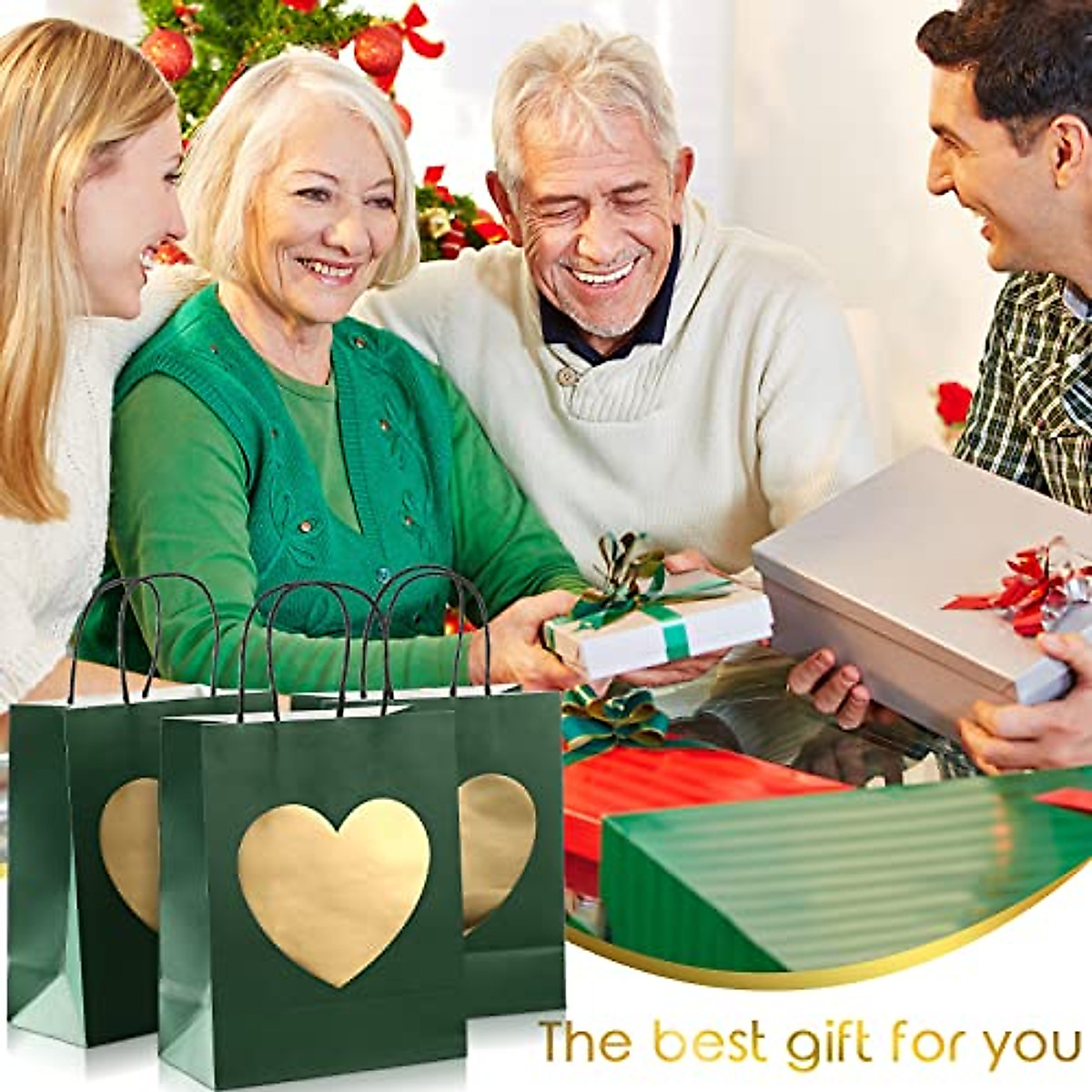 Sepamoon 24 Pcs Gift Bags with Glitter Gold Heart Print Paper Shopping Bag 8 x 10 x 4 Inch Paper Bags with Handles Bulk for Mother's Day Birthday Wedding Anniversary Holiday Party (Green)