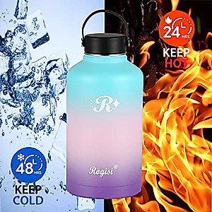 Insulated Half Gallon Water Bottle with Straw, Sleeve & 2 Lids, Rogisi 64oz Stainless Steel Gallon Water Jug Wide Mouth Vacuum Metal Thermo Mug with Carrier Keep Cold for 48 Hrs or Hot for 24 Hrs