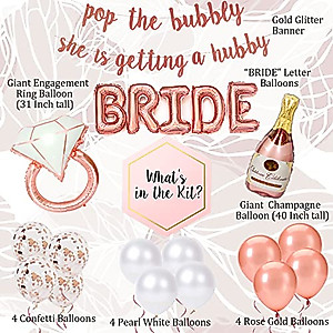 Bachelorette Party Decorations Kit, Bridal Shower Party Supplies Including Bride Balloons, Pop the Bubbly She's Getting a Hubby Banner, Ring & Champagne Bottle Foil Balloons, Rose Gold Balloons kit