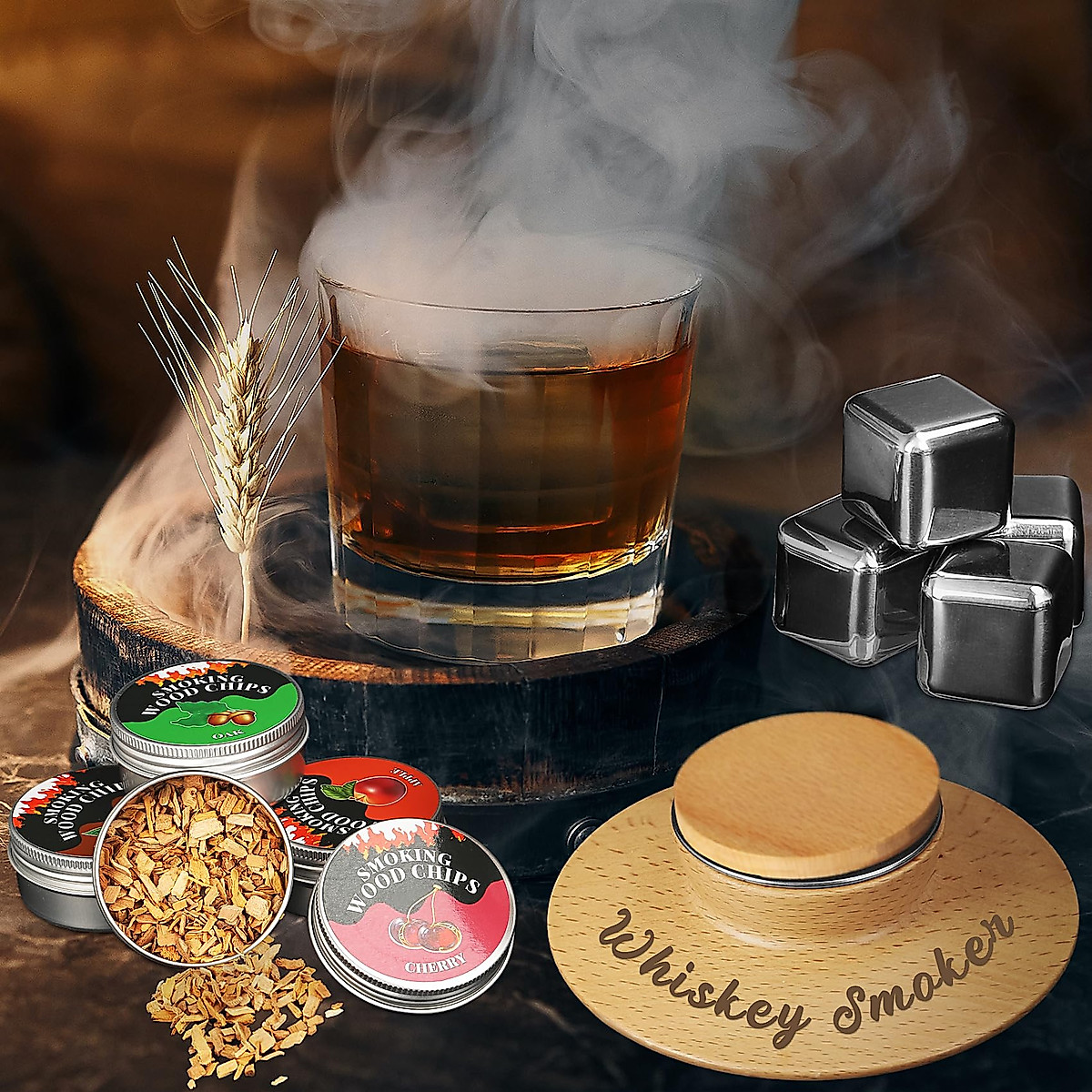 Whiskey Smoker Kit Gifts for Men - 4 pcs Flavors Wood Chips + 4 pcs Stainless Steel Ice Cubes, Whiskey Bar Smoker Accessories, Bourbon Cocktail Smoker Kit Suitable for Bartender Birthday Gifts