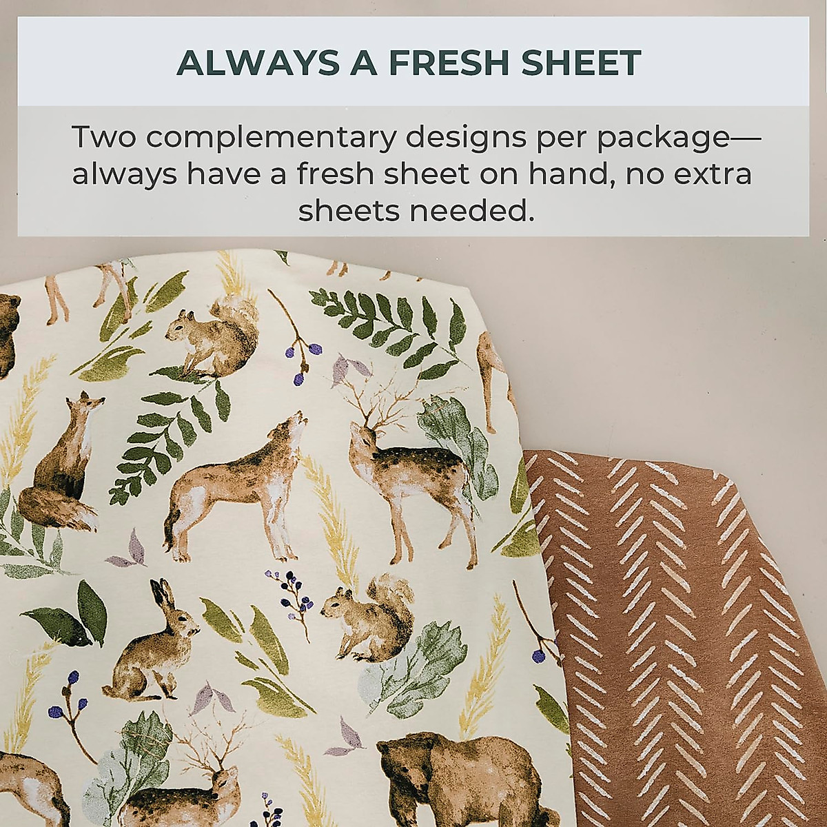 Pobibaby - 2 Pack Premium Pack N Play Sheets Fitted for Standard Pack and Plays and Mini Cribs - Ultra-Soft Cotton Blend, Stylish Woodland Pattern, Safe and Snug for Baby (Wildlife)