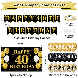 32Pcs 40th Birthday Decorations Kit for Men Women, Black Gold Happy 40 Birthday Banner Balloons Hanging Swirls Kit Party Supplies, Forty Year Old Birthday Backdrop Props Sign Decor