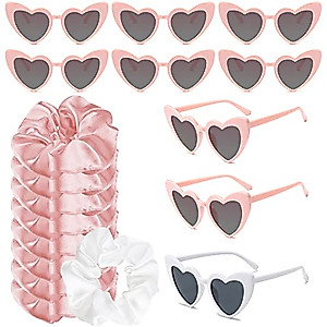PLULON 9 Pairs Heart Shaped Sunglasses with 9 Pieces Satin Hair Scrunchies Bachelorette Party Heart Sunglasses Bulk Bride Bridesmaid Glasses for Wedding Party