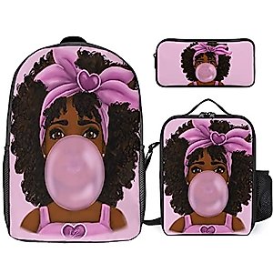 FDASLJ African Black Girl Backpack 3 In 1 Pink Book Bag Daypack with Lunch Bag/Box Pencil Case