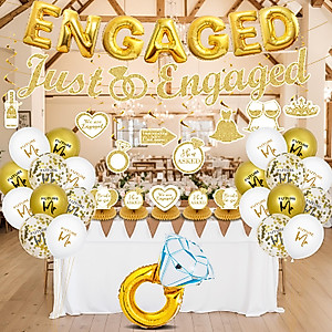 32 Pcs Gold Engagement Party Decorations Just Engaged Banner Diamond Ring Balloons White Gold Engagement Backdrop White Gold Just Married Decorations Kit for Bachelorette Bridal Engagement Party