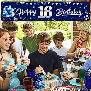 Lnlofen Blue Silve 16th Birthday Banner Decorations, Happy 16 Birthday Yard Banner Sign for Boys, Sweet 16 Year Old Birthday Background Décor for Indoor Outdoor