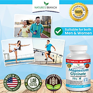 Magnesium Glycinate 400 mg - 200 Tablets - High Absorption, Non Buffered Bisglycinate Mag Supplement for Sleep, Leg Cramps, Heart, Ease Muscles, Calm Headaches for Women and Men, Non Powder Capsules