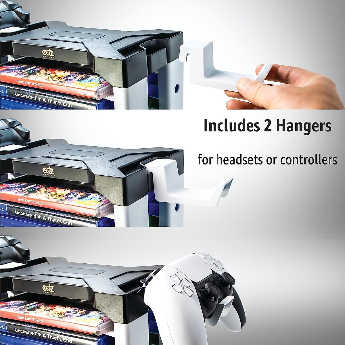 ADZ Universal Game Holder – 23 Game Storage Tower Rack for PS2 PS3 PS4 PS5 PSP Xbox 360 Xbox One Series X Wii Switch Games DVD and Blu-Ray Disks. Includes 2 Controller Mounts