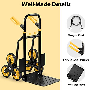 Goplus Stair Climbing Hand Truck, Folding Height Adjustable Dolly with 350 LBS Capacity, Elastic Rope, Telescoping Handle, 6 Rubber Wheels, 12” x 11.5” Nose Plate, 2-in-1 Heavy Duty Hand Cart